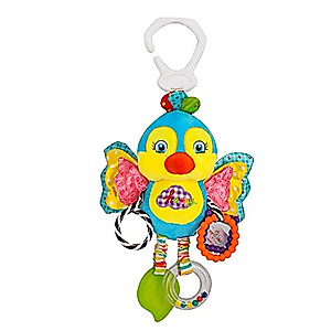 Blueana Car Seat Toy, Baby Plush Stuffed Rattle Development Toys with Musical Box, Squeaky Feet, Kids Mirror, BPA Free Teether - Stroller, Crib (Bird)