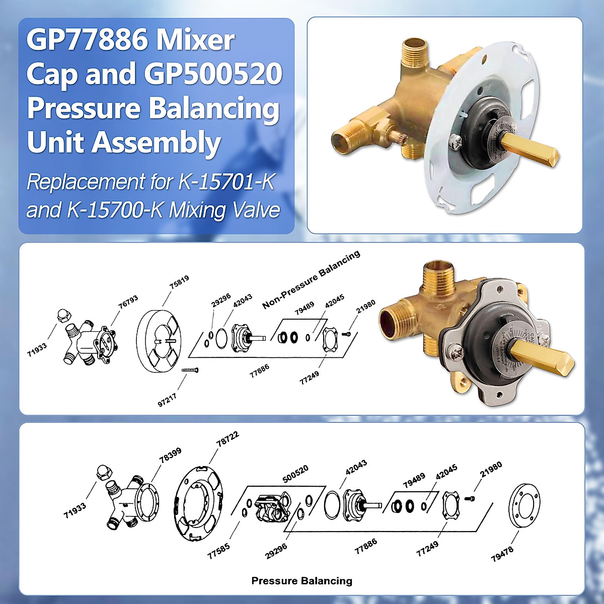 GP77886 Mixer Cap and GP500520 Pressure Balancing Unit Assembly Compatible with Kohler K-15701-K and K-15700-K mixing valve