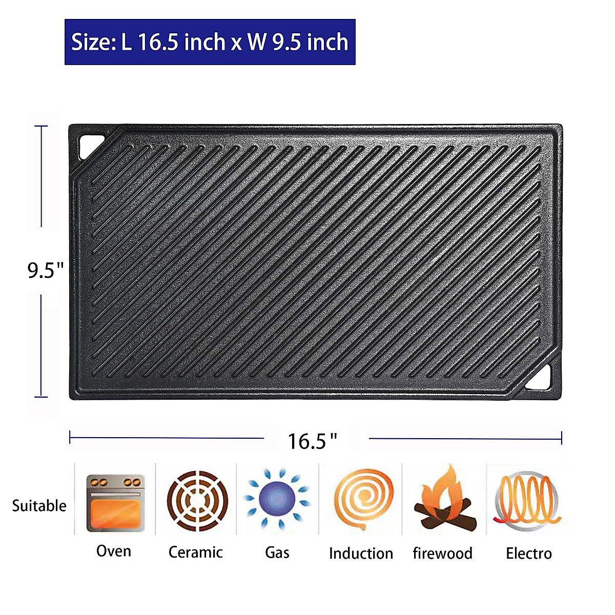 Leship Cast Iron Rectangular Reversible Griddle for Oven, Stove Tops, Grill and Others, 16.5'' x 9.5'' Double-sided Griddle Plate