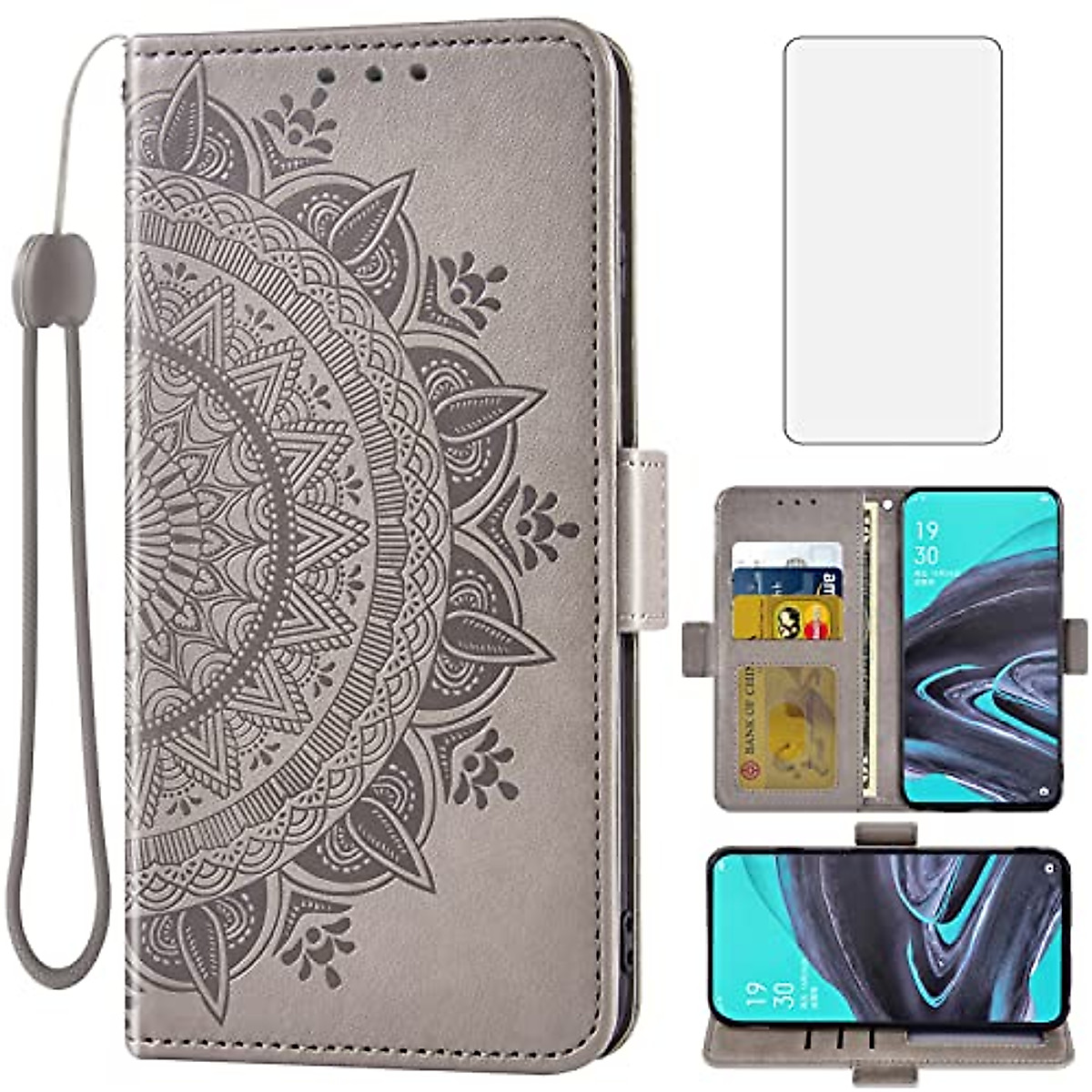 Asuwish Compatible with Oppo Reno 2 Wallet Case and Tempered Glass Screen Protector Credit Card Holder Flip Purse Accessories Wrist Strap Stand Folio Cell Phone Cover for Reno2 2019 Women Men Grey