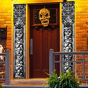 Halloween Gothic Mansion Banners Halloween Skull Hanging Porch Sign with Welcome Foolish Mortals Banner Spooky Halloween Pillar Sign Home Indoor Outdoor Party Supplie