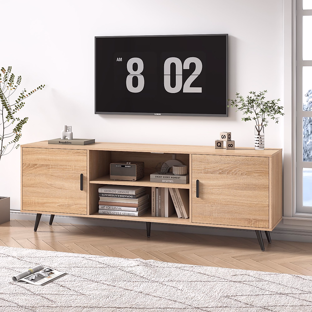 AUXSOUL Mid Century Modern TV Stand - 70" for 75" TV, Wood with Storage, Entertainment Center for Living Room & Bedroom, Media Console, Oak