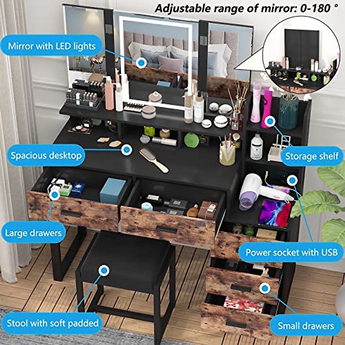 PAKASEPT Vanity Set with Lighted Tri-fold Mirror, Vanity Desk with Charging Station, 3-Color Adjustable Touch Light, 5 Drawers, Storage Shelves&Cushioned Stool Makeup Vanity for Bedroom, Black