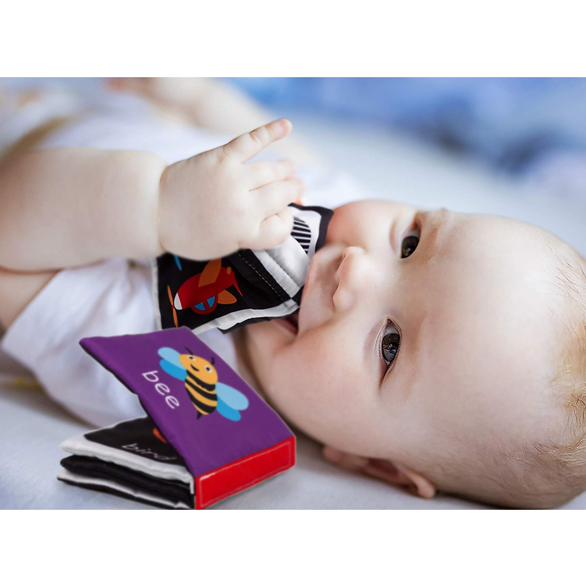 Baby First Soft Activity Cloth Book Set, High Contrast Black and White Interactive Crinkle Soft Book Bundle for Infant, Baby Early Education for Brain Development with Numbers, Words, Shapes, Colors