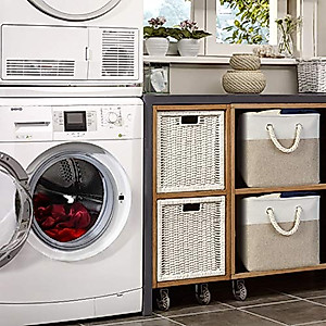 i BKGOO Cube Storage Bins，Foldable Canvas Storage Basket,3-Pack Collapsible Sturdy Fabric Organizing Basket with Cotton Handles for Home Office Shelf Clothes White-Khaki 13×13×13 inch