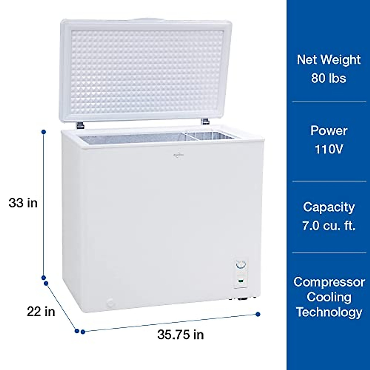Koolatron Large Chest Freezer, 7.0 cu ft (195L), White, Manual Defrost Deep Freeze, Storage Basket, Space-Saving Flat Back, Stay-Open Lid, Front-Access Drain, for Basement, Laundry Room, Cottage