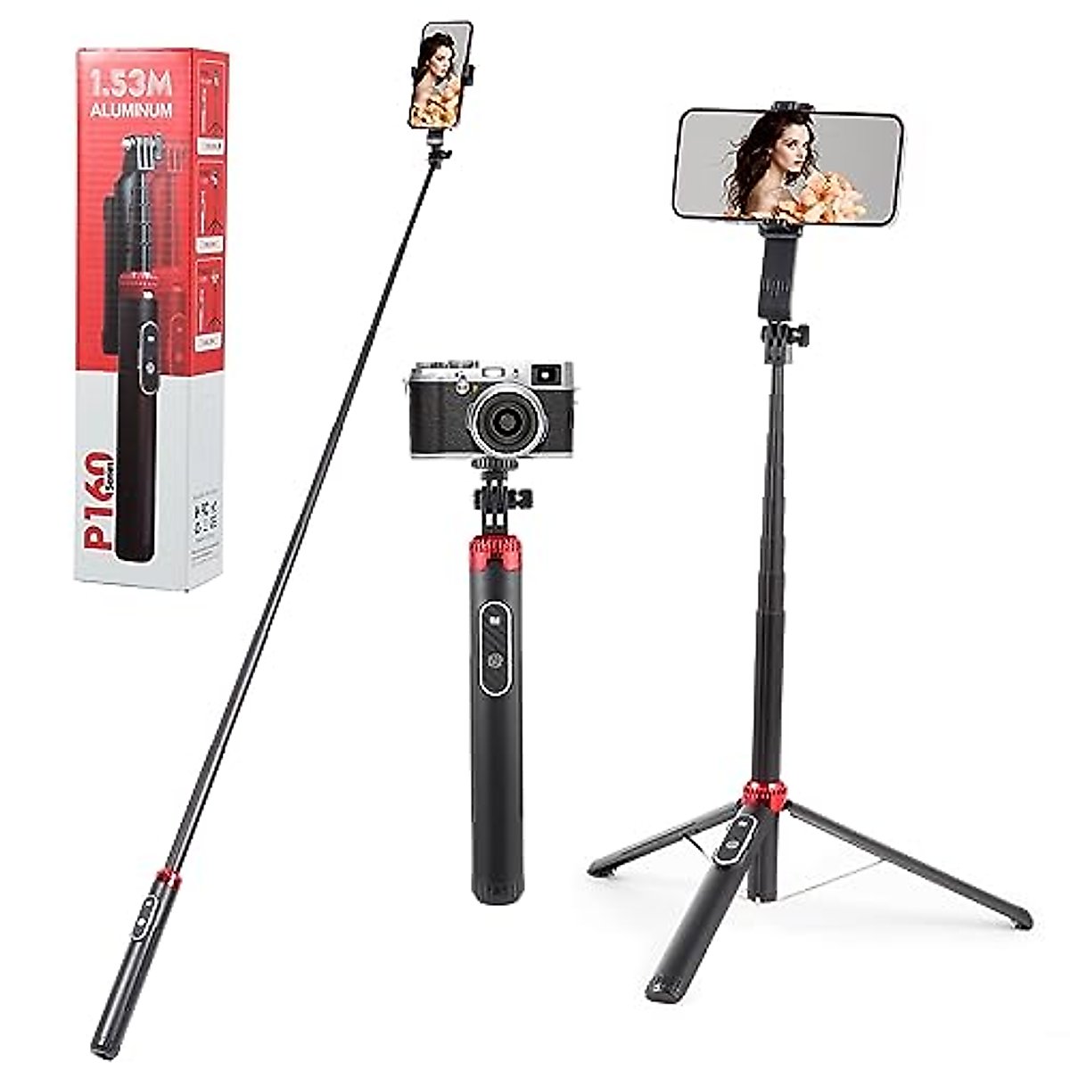 60" Phone Tripod, Selfie Stick Tripod with Remote Extendable All-in-1 Travel Light Phone Tripod Stand, Portable Camera Tripod Compatible with iPhone Android Camera GoPro