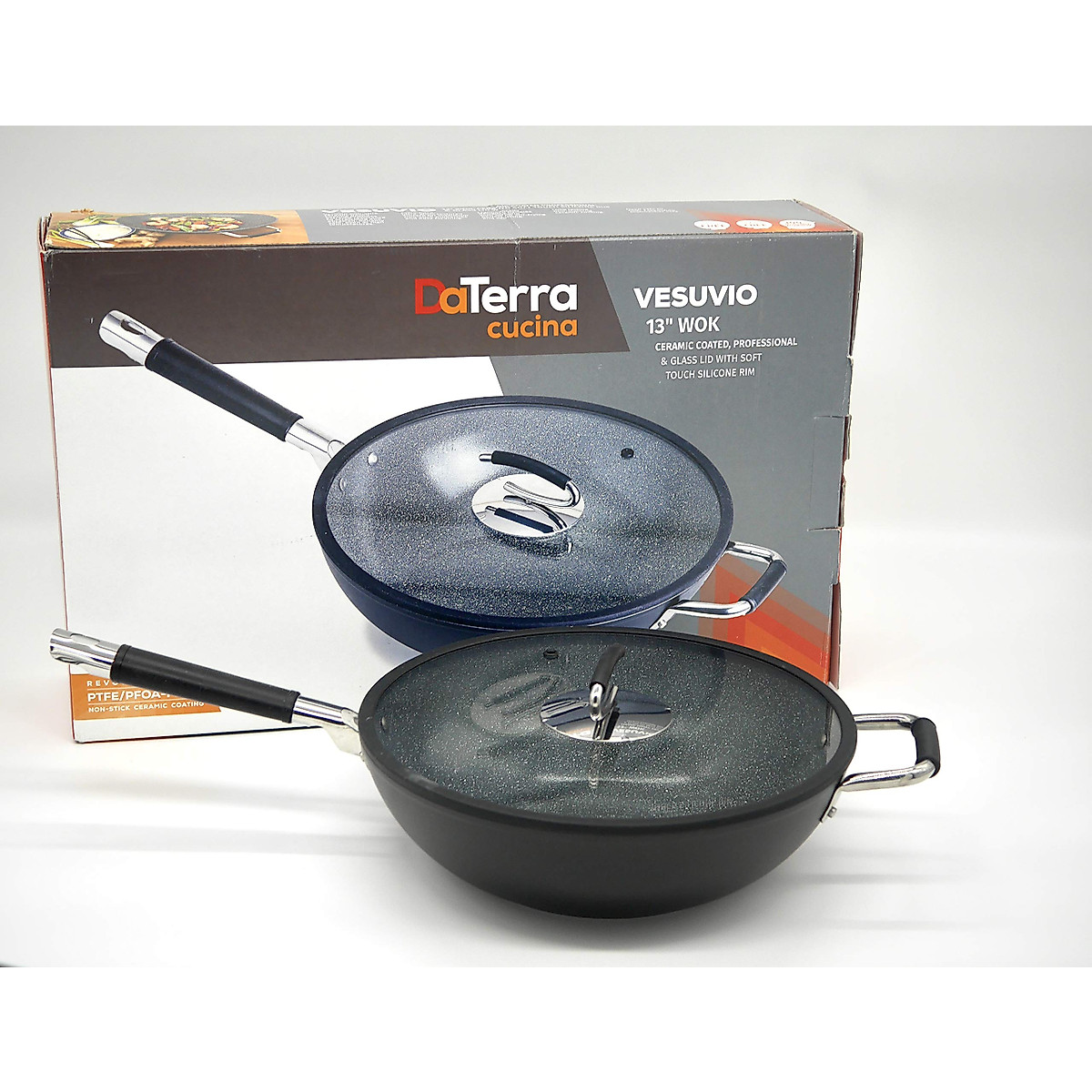 DaTerra Cucina Professional 13 Inch Wok with Glass Lid | Italian Made Ceramic Wok Pan Chef's Favorite Large Wok for All-Around Ease of Cooking Eggs, Burgers, Vegetables and More