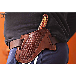 Leather Knife Sheath, Slanted Pancake Sheath, Tooled Leather Sheath, Belt Sheath, Beautiful Cow Boy Bull Cutter Knife Leather Cover 100% Real Leather - OHM-102 (OHM-102 Pancake)