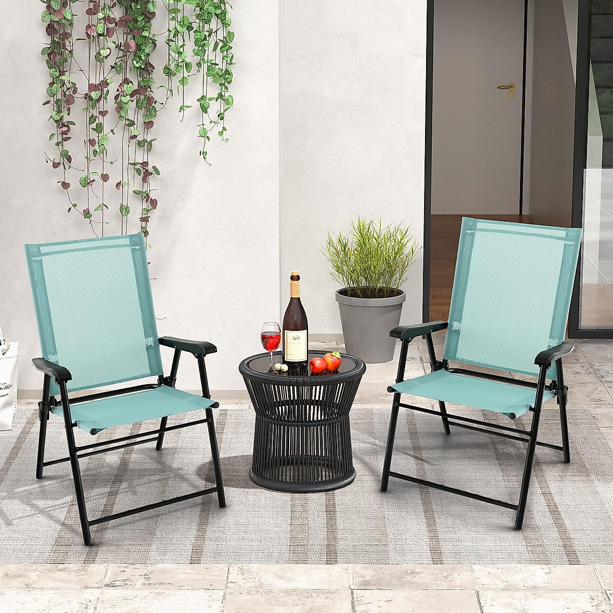 Tangkula Patio Folding Chairs Set of 2, Outdoor Sling Chairs with Breathable Fabric Back & Seat, Portable Dining Camping Chairs for Poolside, Yard, Garden, Deck, Lawn, Beach (Mint Green)