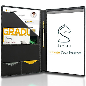STYLIO Padfolio Portfolio Folder Binder – Interview Resume Legal Document Organizer & Business Card Holder – w/ Letter-Sized Writing Pad - Handsome Piano Noir Faux Leather Matte Finish & Accent Stitch