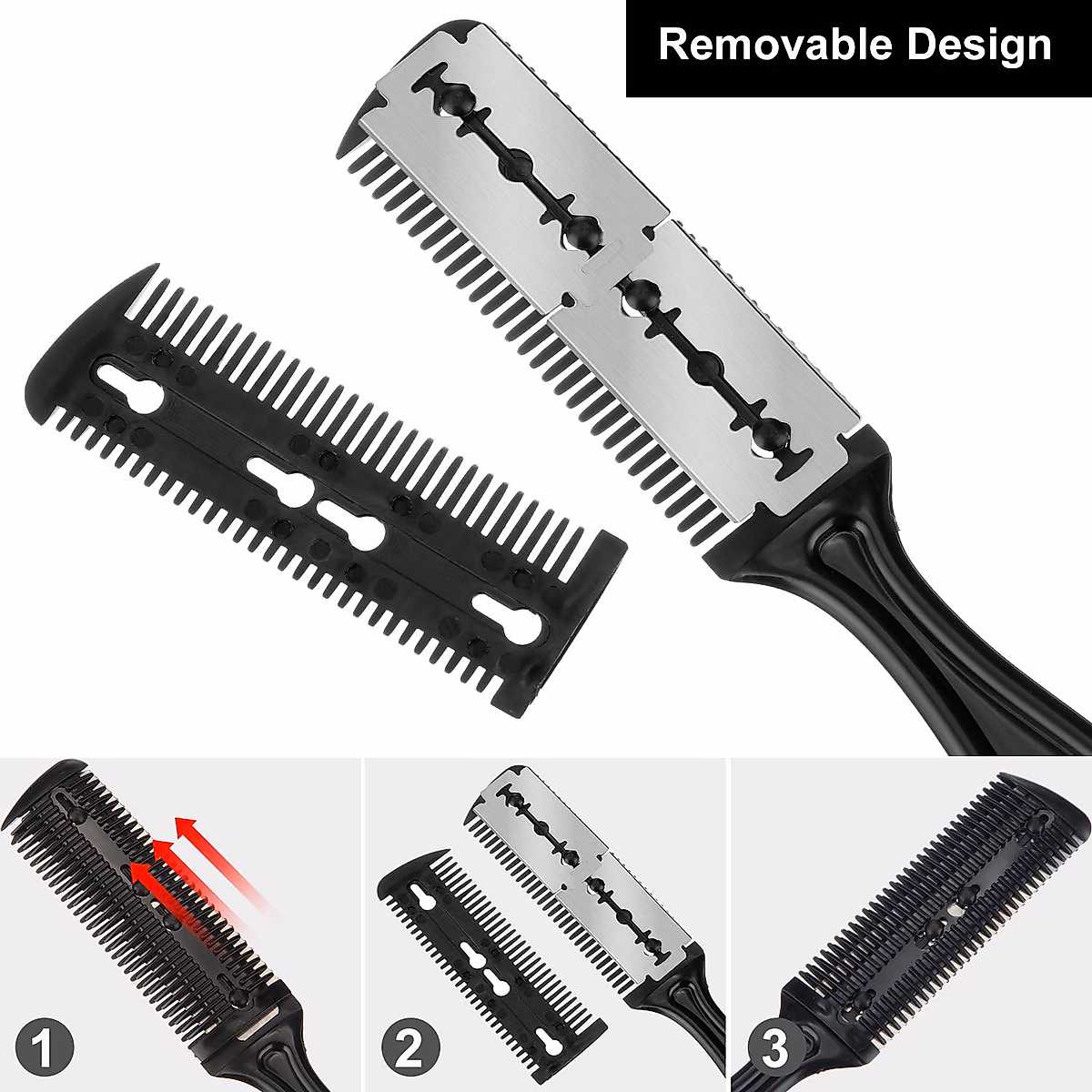 3 Pieces Razor Comb with 10 Pieces Razors, Hair Cutter Comb Cutting Scissors, Double Edge Razor, Hair Thinning Comb Slim Haircuts Cutting Tool (Black)