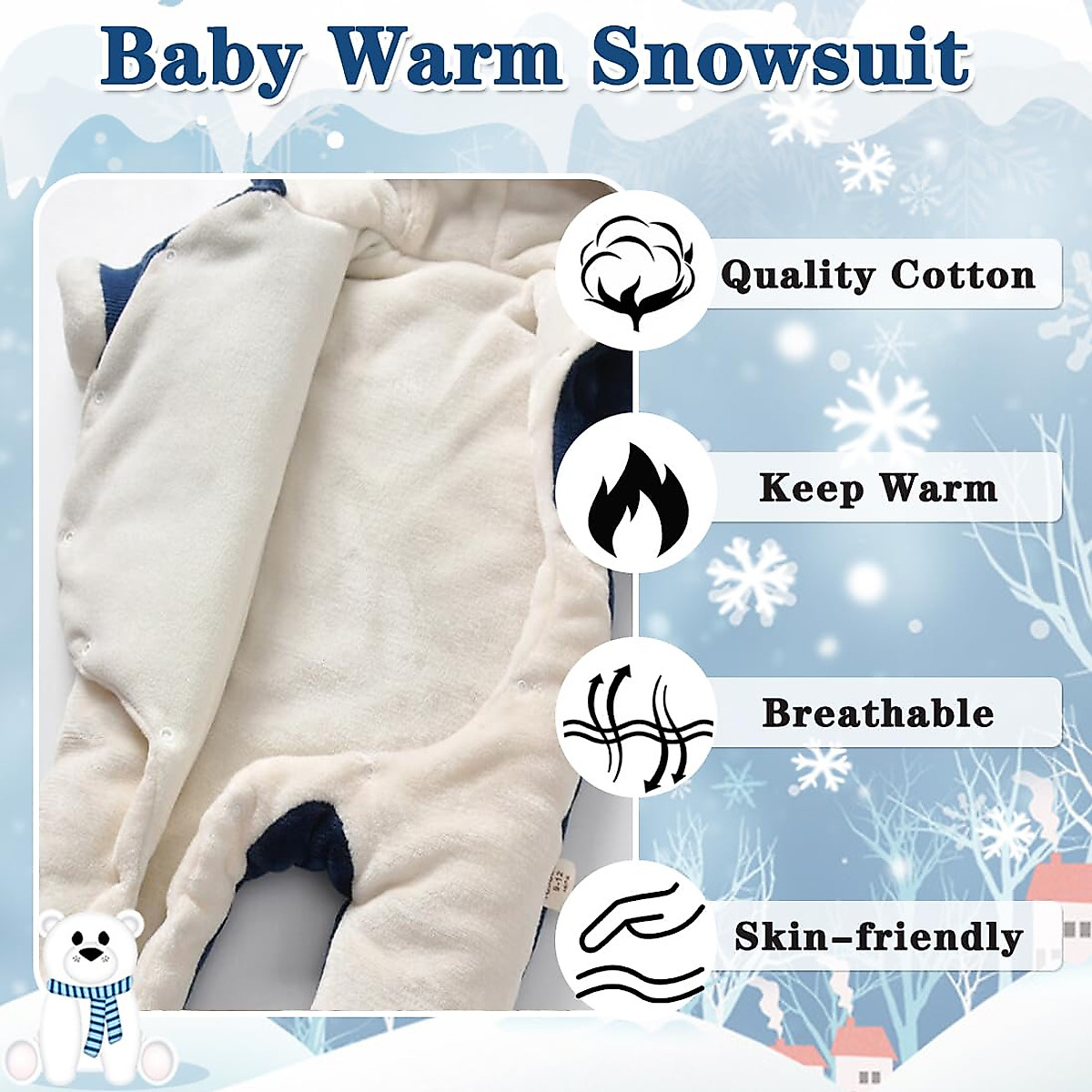 Fairy Baby Newborn Baby Cartoon Bear Snowsuit Warm Fleece Hooded Romper Jumpsuit Onesie(0-3M,Blue Bear)
