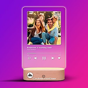 SHO VAVAS Personalized Acrylic Plaque with Wood Base, Playlist Picture Frame with LED Light, Custom Music Plaque with Photo, Christmas, Birthday Gift for Couple, Romantic Gifts for Her Him (Music Version 1)
