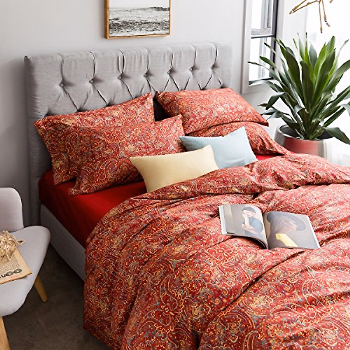 Eikei Boho Paisley Print Luxury Duvet Cover and Shams 3pc Bedding Set Intricate Tuscany Bohemian Damask Medallion 350TC Egyptian Cotton Sateen (King)