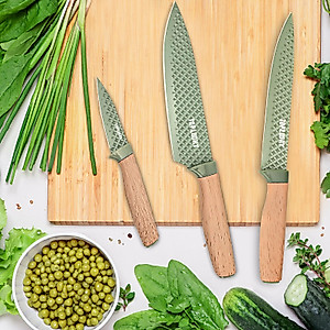 Kitchen Block Knife Sets, 6-Pieces Green Chef Knife Set with Removable Round Block, Non-stick & Non-slip Stainless Steel Sharp Knife Set for Restaurant Home Cooking, Gifts for Mom Wife Girl (Green)