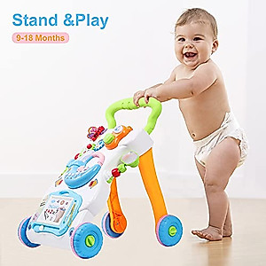2 in 1 Sit to Stand Baby Walker with Music and Light, Toddler Push Toys for Learning to Walk, with Removable Drawing Board, Music Piano, Mini Phone for 6 Months Up Baby Boys Girls