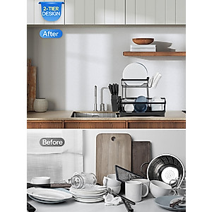 Reemix Dish Drying Rack, 2 Tier Dish Drainer with Removable Utensil Holder and Swivel, Durable High Carbon Steel Material, Larger Capacity, Easy Installation, Black