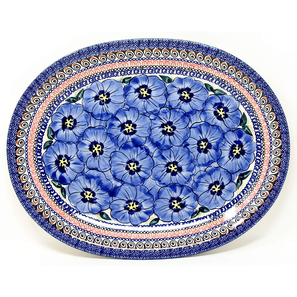 Polish Pottery Large Serving Platter in Regal Bouquet Unikat Pattern signed by Anna Madziarz from Zaklady Boleslawiec, dimensions 13.5" x 11"