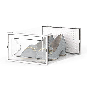 Kuject 15 Pack Shoe Storage Boxes, Large Clear Plastic Stackable Shoe Organizer for Closet, Connect Left and Right Shoe Boxes Case Container Bin for Entryway, Drop Front, Fit for Size 10(White)