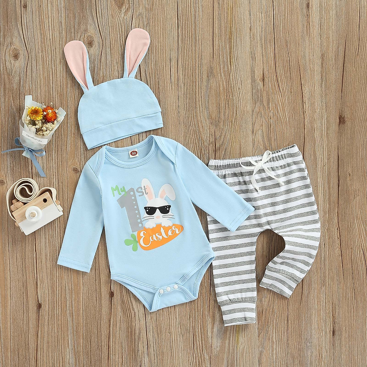 Meiweileya Newborn Baby Boys Easter Bunny Outfits My 1st Easter Romper+Striped Pants+Ear Hat 3Piece Rabbit Clothes Set (Light Blue, 3-6 Months)