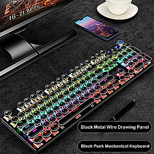 Jamerxie Typewriter Keyboard, RGB Mix Colour Punk Mechanical Keyboard, 104-key Light up Gaming Retro Keyboard with Wired USB for Computers, White/Black (Black Punk)