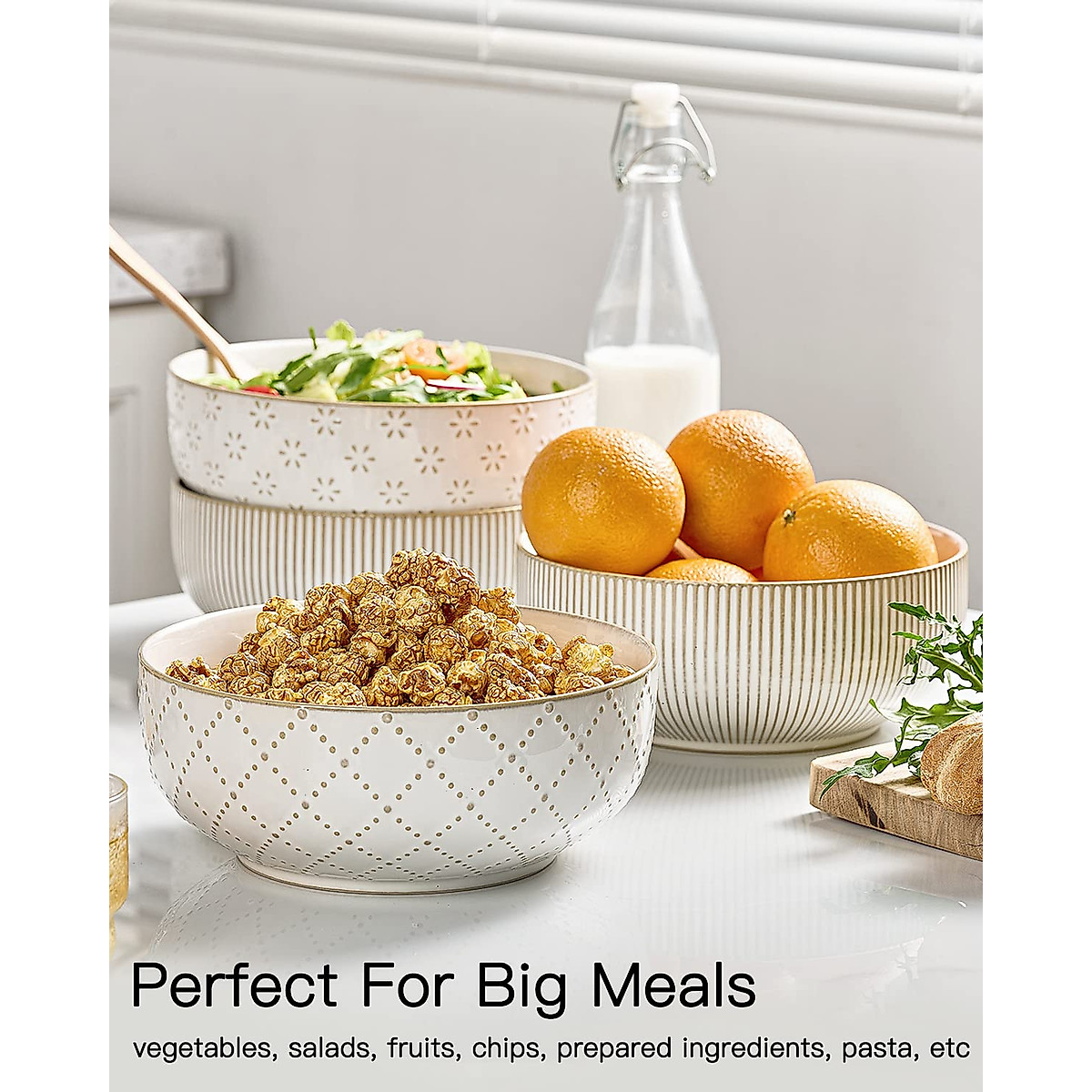 getstar Large Serving Bowls (8 inch & 60 fl oz), Ceramic Salad Bowl Set of 2, Microwave and Dishwasher Safe, Farmhouse Kitchen Decorative Bowls Set (Embossed Checks & Stripes)