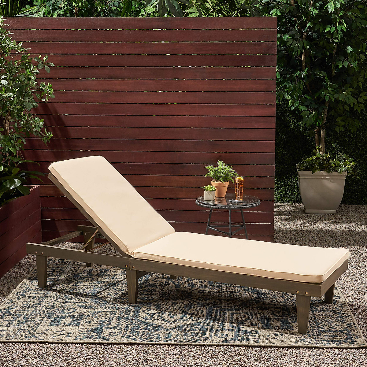 GDFStudio Great Deal Furniture Outdoor Acacia Wood Chaise Lounge and Cushion Set, Gray and Cream