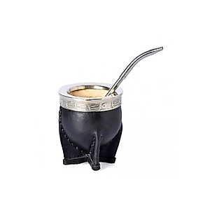 Mate Argentino Imperial Premium Leather Wrapped Handmade Engraving With Alpaca Yerba Mate Gourd (Mate cup) with Bombilla de Alpaca (Alpaca Yerba Mate straw) (Black)