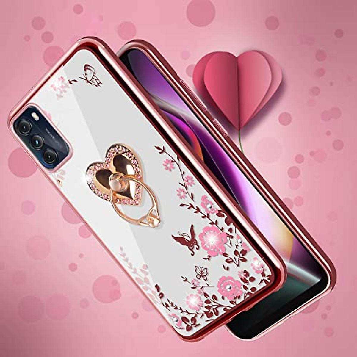 B-wishy for Moto G Stylus 5G 2022 Case for Women, Glitter Crystal Butterfly Heart Floral Slim TPU Luxury Bling Cute Protective Cover with Kickstand+Strap for Stylus 5G 2022