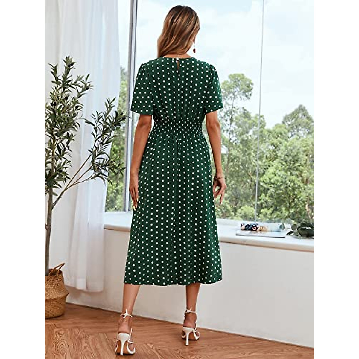 Verdusa Women's Polka Dots Print Short Sleeve Shirred A Line Flared Midi Dress Dark Green M