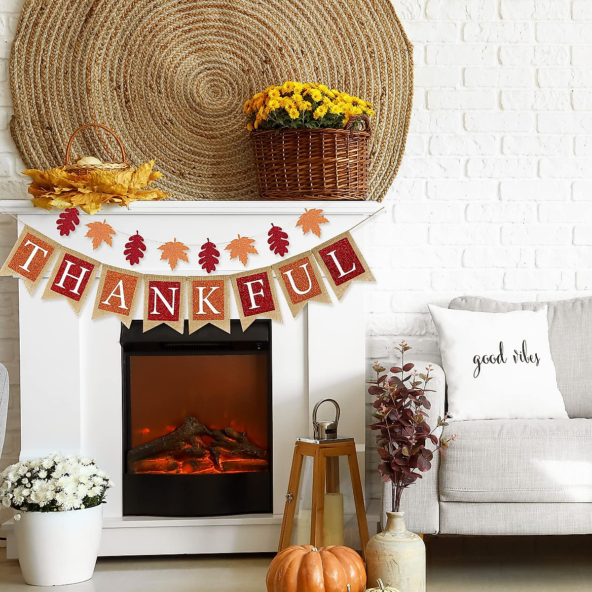 Whaline Fall Banner Thankful Burlap Banner Maple Leaf Glitter Paper Banner Pre-Assembled Rustic Bunting Garland for Autumn Harvest Hanging Decorations Thanksgiving Party Supplies Home Decoration