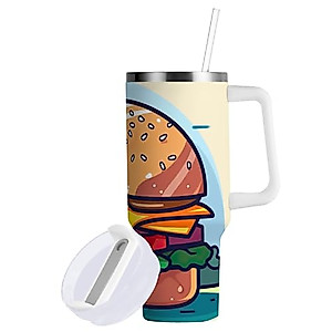PaChyLuu 40 oz Insulated Tumbler with Handle and Straw Lid, Cartoon Burger Leak-Proof Stainless Steel Travel Coffee Mug for Car Cup Holder