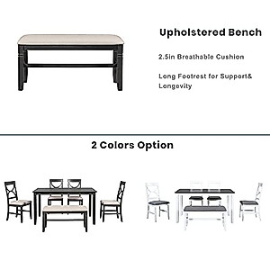 WOZNLA Room 6-Piece Farmhouse Dining Set | Rustic Wood Table with Cushioned Chairs, Bench, and Sturdy Base | Family-Friendly Kitchen Furniture | Comfortable Seating for Memorable Meals, Gray