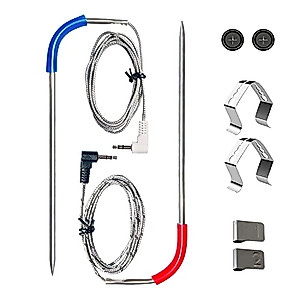 2 Pack Replacement Meat Probe for Traeger Pellet Grill Smokers Parts, 3.5mm Plug Probe Replacement Temperature Meat Probe with 2 Stainless Steel Probe Clip Holders, 2 Gormmets and 2 Numbered Tags