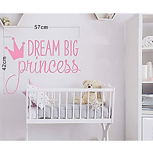 Dream Big Princess with Crown Wall Decal Vinyl Sticker for Kids Baby Girls Bedroom Decoration Nursery Home Decor Mural Design YMX18 (Soft Pink)