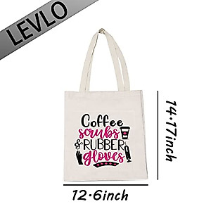 LEVLO Funny Nurse RN Tote Bags Nurse Appreciation Gift Coffee Scrubs And Rubber Gloves Shopping Bags Nurse Graduation Gift (Coffee Scrubs And Rubber Gloves)