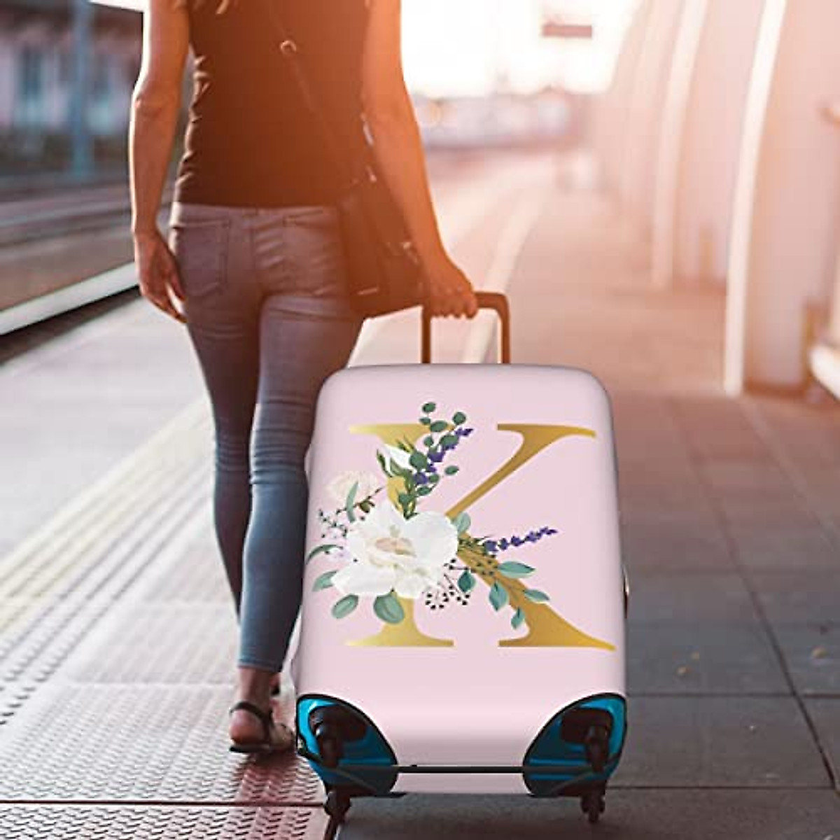 Flower Lette K Pink Luggage Cover Elastic Washable Stretch Suitcase Protector Anti-Scratch Travel Suitcase Cover for Kid and Adult L (25-28 inch suitcase)