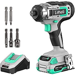 Litheli Cordless Impact Driver, 1150 In-Lbs Torque, 1/4″ Quick-Release Hex Chuck, with 20V 2.0 Ah Battery, 3 Socket Adapters, 2 Driver Bits