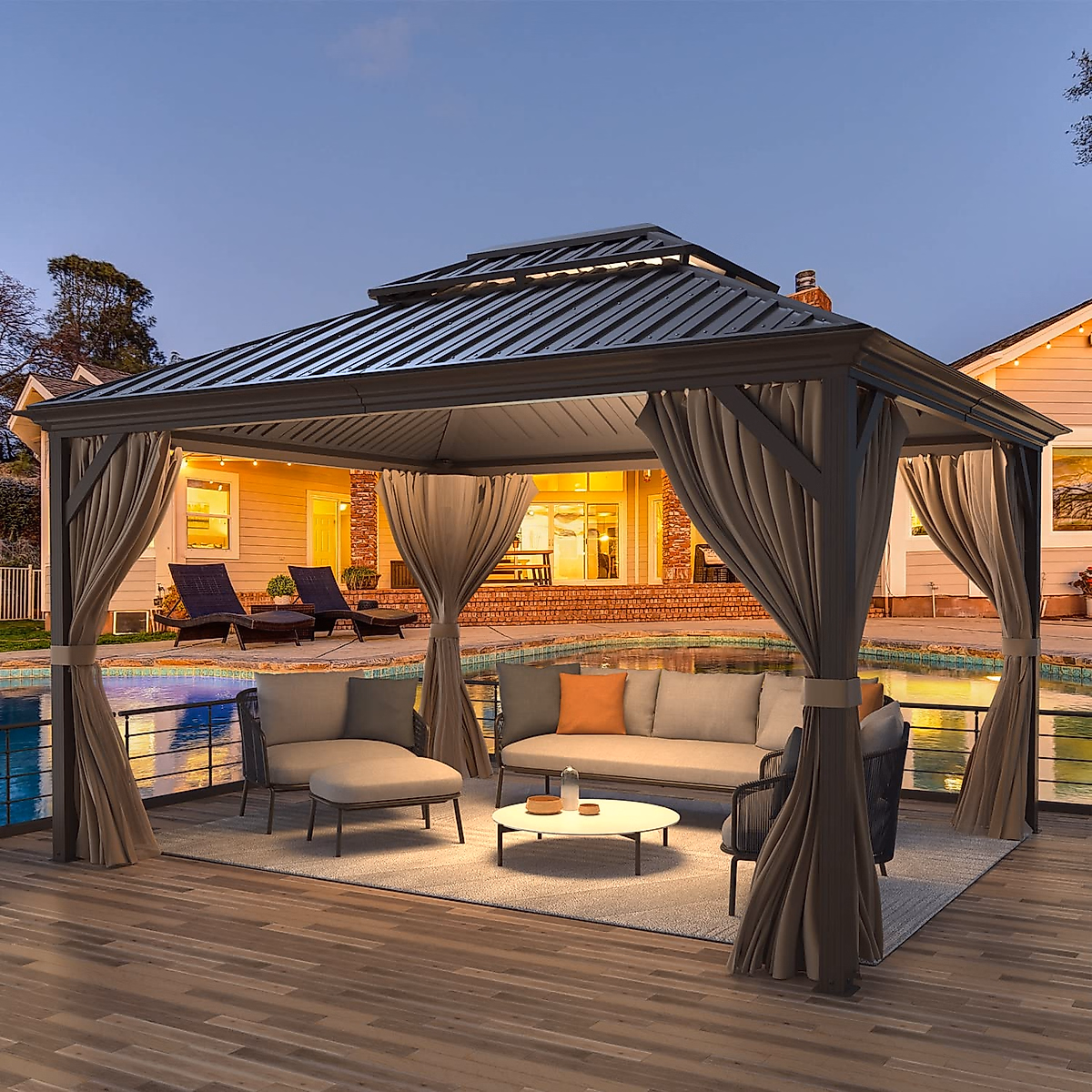 YOLENY 12x14FT Hardtop Gazebo, Galvanized Steel Double Roof Canopy with Netting and Curtains, Permanent Metal Pavilion Gazebos with Aluminum Frame for Patio Backyard Deck and Lawns