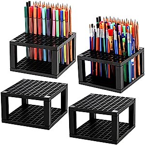 Foraineam 4-Pack 96 Holes Pencil & Brush Holder - Plastic Desk Organizer Stand Holder for Pencils, Pens, Paint Brushes, Modeling Tools, Office & Art Supplies