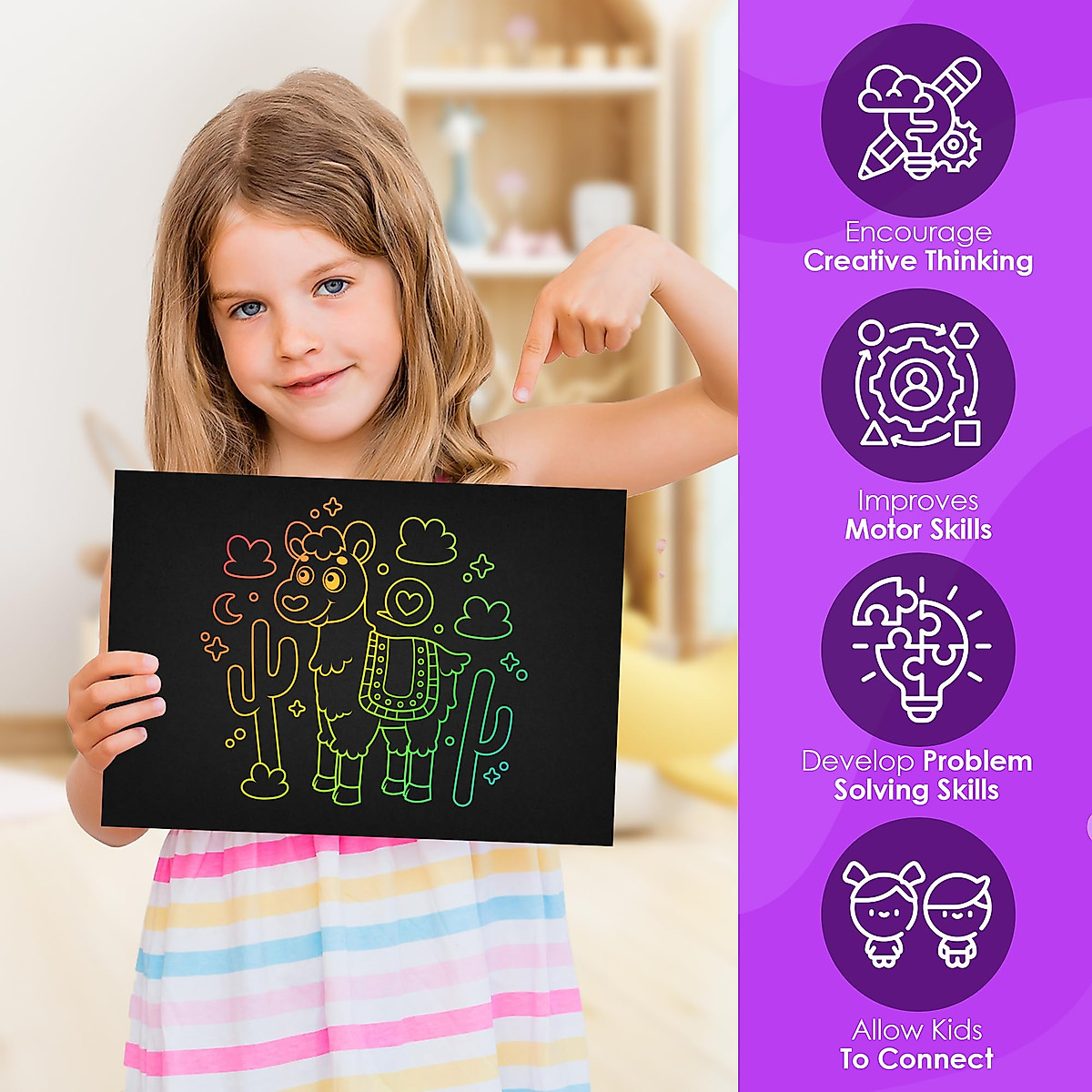 Rainbow Scratch Paper Bulk Pack, Large Size Full Sheet 7.5x10 inches, 50 Piece Magic Scratch Paper Art Set with 4 Wooden Stylus, Black Scratch Off Paper, Arts and Crafts for Kids