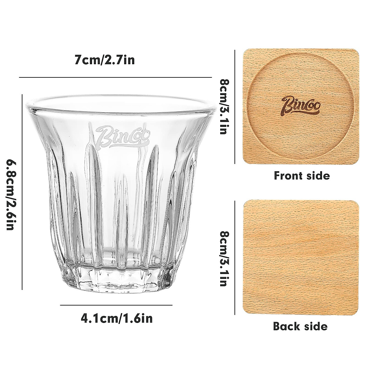 Bincoo Glass Coffee Mug Set 2x90ML, Clear Glass Coffee Mugs with Wooden Coasters, Coffee, Cappuccino, Latte, Espresso Glass Cup Heat Resistant