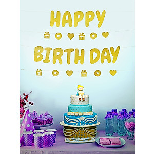 CUTPOPUP Gold Glitter Happy Birthday Banner - Pre-Strung - and Gold Glitter Circle, Star, Heart, Gift Dots Garland for Men Women Birthday Party Decorations, Happy Birthday Door Banner