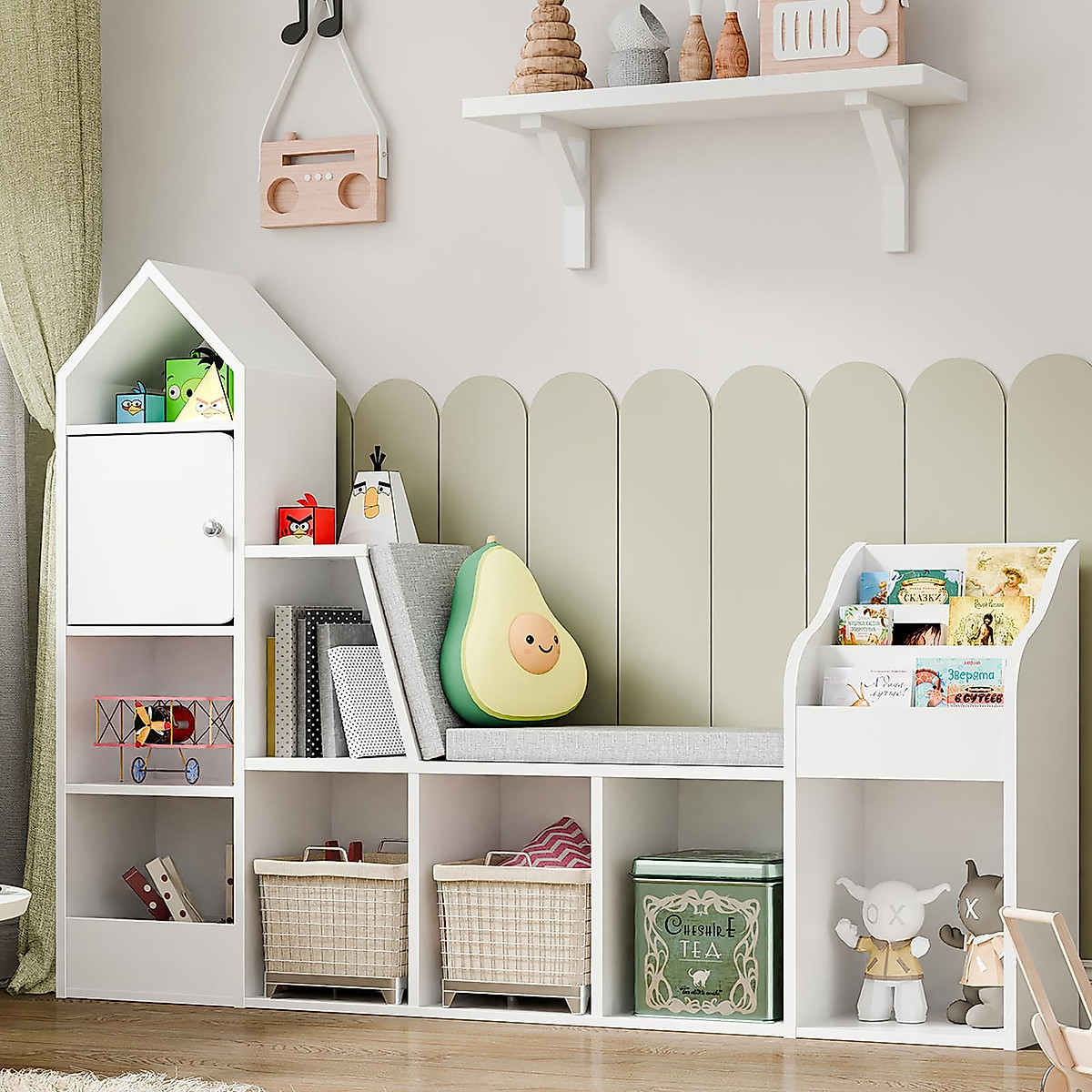 Vabches Kids Reading Nook with Bench - Bookshelf & Bookcase with Seat Cushion, 7 Opening Storage Cubbies, 3-Tier File Organizers, Toy Storage Box & Chest for School, Study, Playroom & Bedroom.