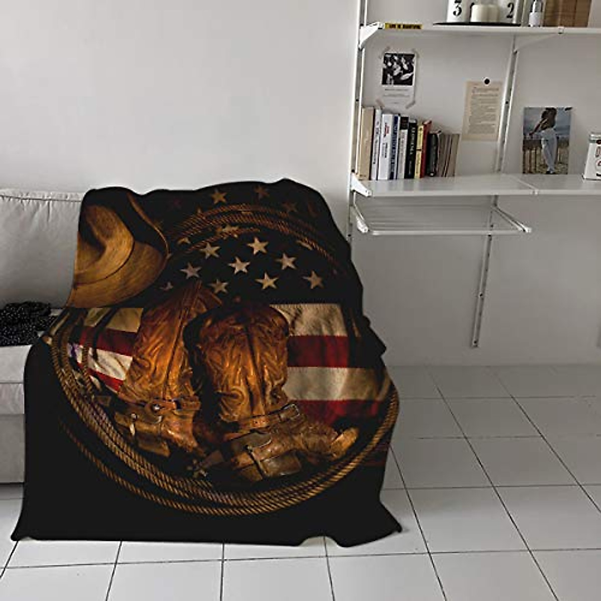 T&H XHome Flannel Fleece Microfiber Throw Blanket USA Western Blanket, Cowboy Hat with Boots Rope on American Flag Soft Warm Fuzzy Lightweight Bed Blankets for Couch Bedroom Living Room 50"x60"