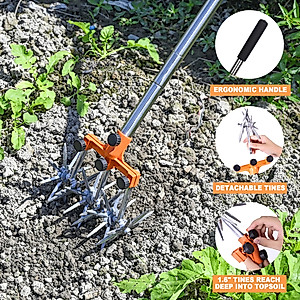 BARAYSTUS Rotary Cultivator Garden Rotary Tiller Adjustable Stainless Steel Poles Hand Tiller for Soil Mixing or Reseeding Grass Lawn Tiller Total Length 57 Inch.