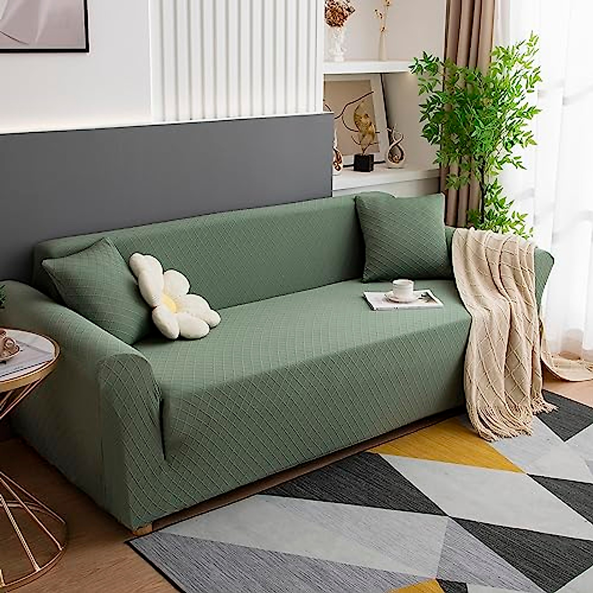 GUYIRT Solid Color Sofa Cover for 3 Cushion Couch, Easy Fit Sofa Cover, Stretch Universal Couch Cover for Sofa with Armrest-Blue-4 Seater(235-300cm)