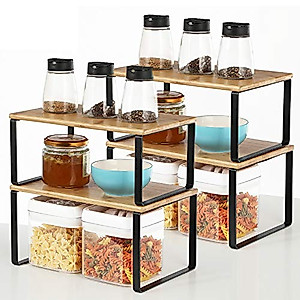 SONGMICS Cabinet Shelf Organizers, Set of 4 Kitchen Counter Shelves, Stackable, Expandable Spice Racks, Metal and Wood, Black and Natural UKCS10NB