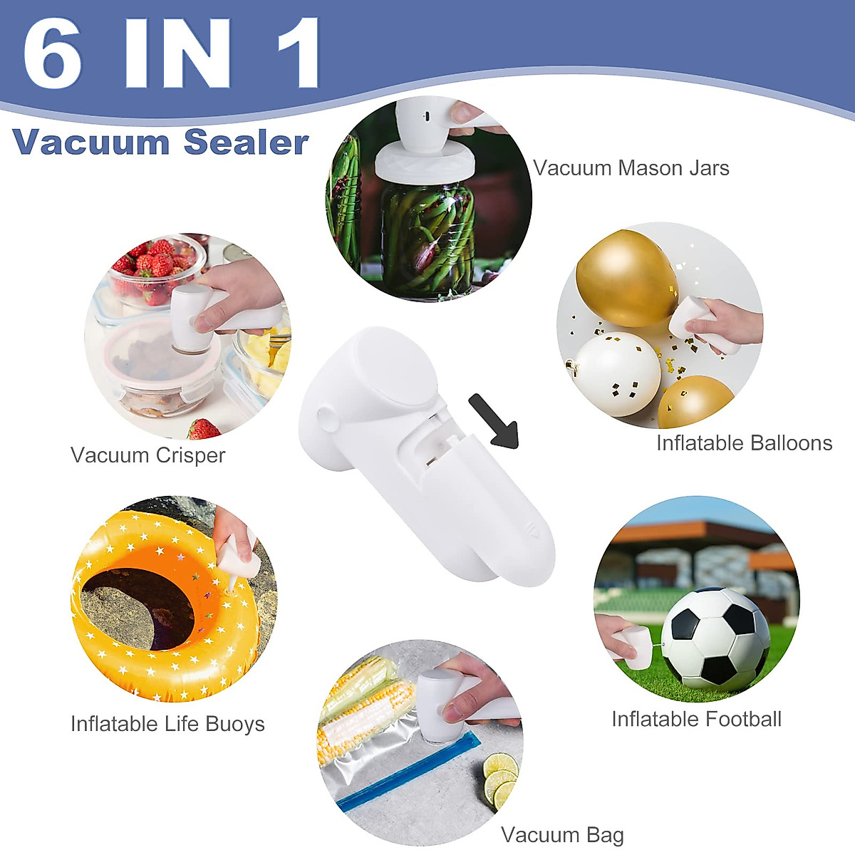 Mason Jar Vacuum Sealer, Electric Vacuum Jar Sealer For Food Saver, 6-in-1 Handheld Vacuum Pump Fits Wide and Regular Mouth Mason Jars for Vacuum Canning Seal Containers